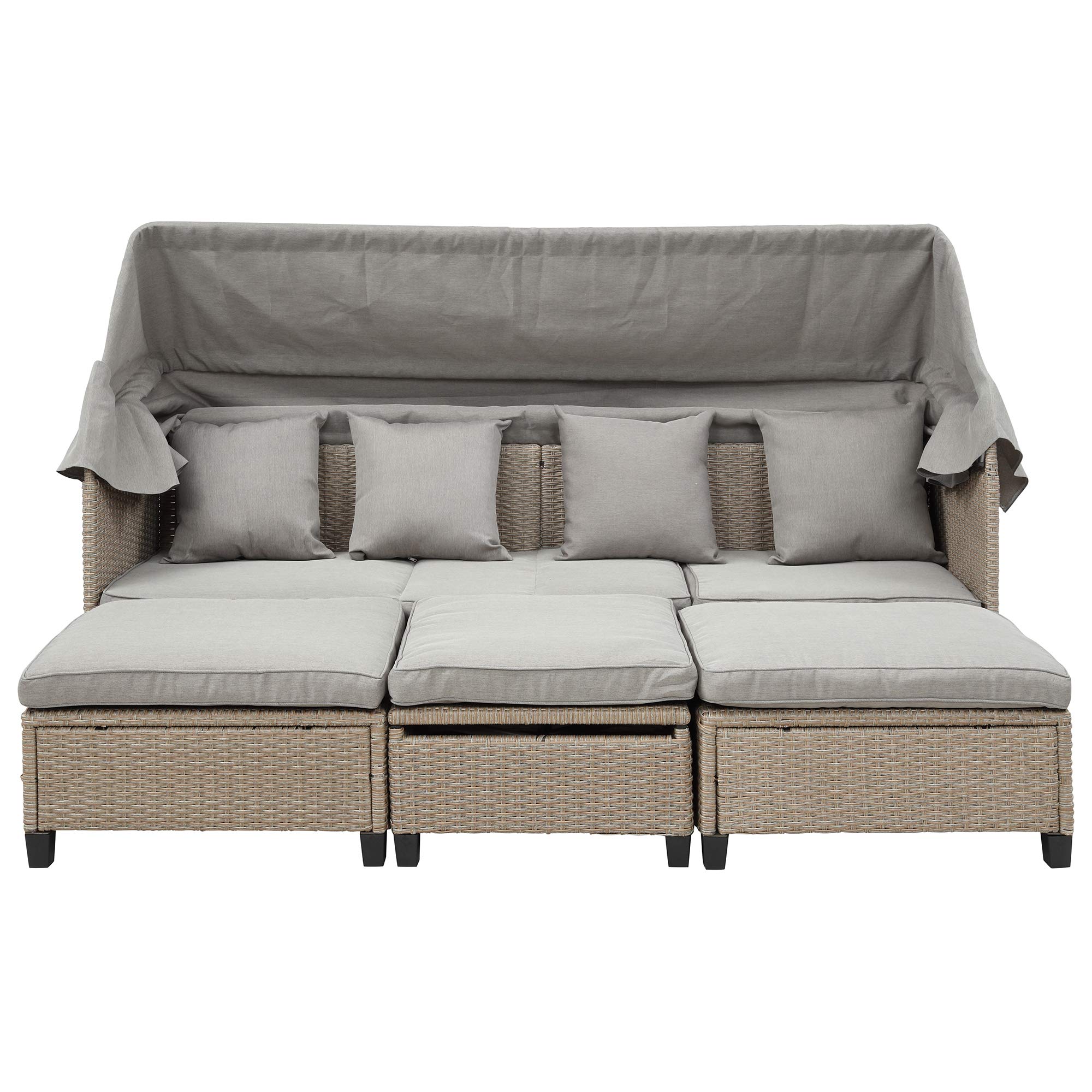 VilroCaz UV-Resistant Resin Wicker Patio Sectional Sofa Set with Retractable Canopy, All-Weather Outdoor PE Wicker Sunbed Daybed with Cushions and Lifting Table for Lawn Garden Backyard Poolside