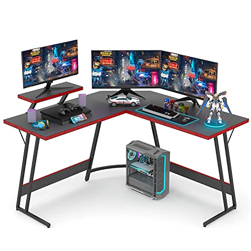 Devoko L Shaped Gaming Desk 51 Inch Computer Corner Table Home Office Desk Gamer Table with Large Monitor Riser Stand Carbon Fibre Surface (Black)
