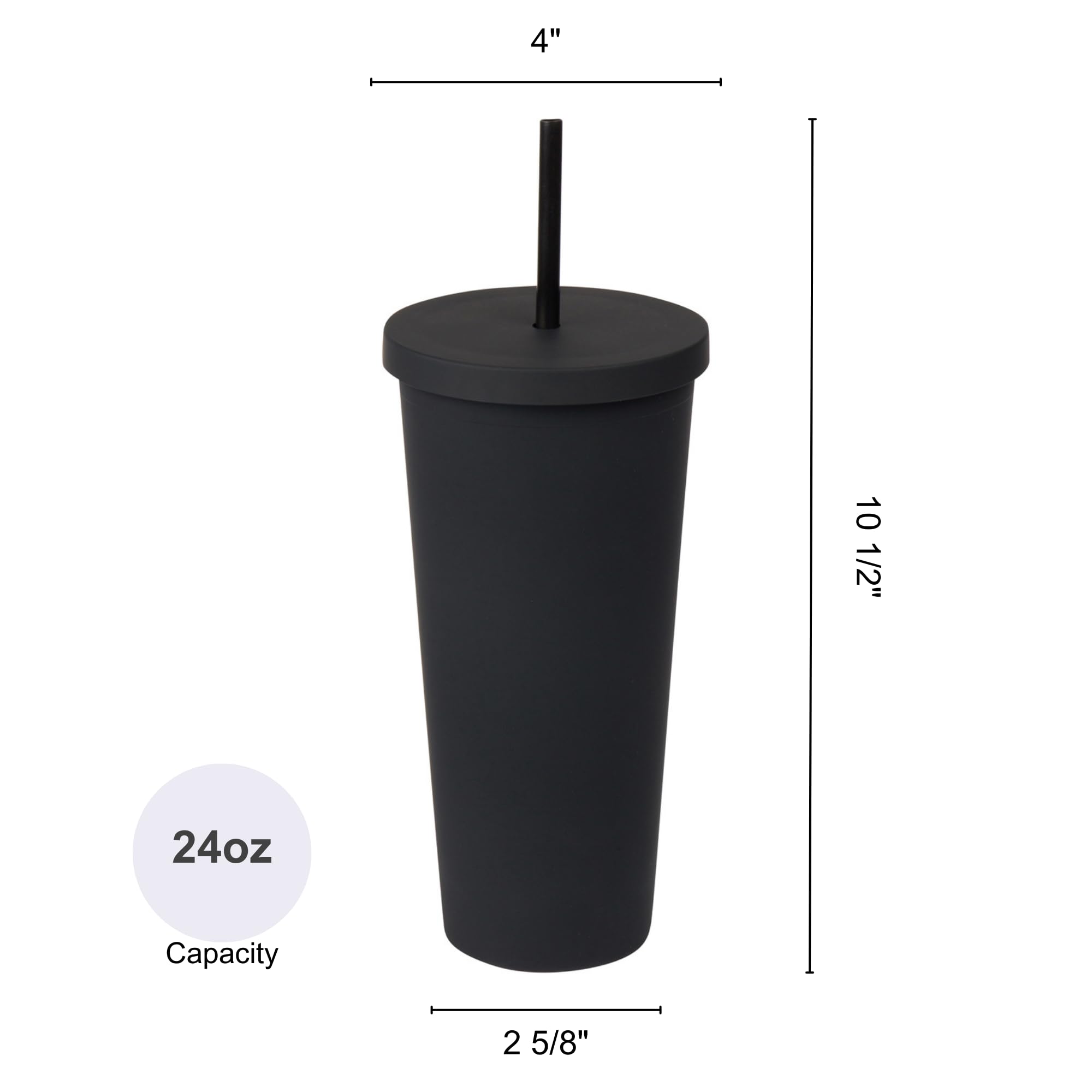 Zephyr Canyon 24oz Matte Black Tumblers with Lids and Straws - Pastel Double Wall Tumbler - Insulated Acrylic Cups for Hot & Cold Drinks, Spill-Proof Reusable Iced Coffee Cup, Set of 6