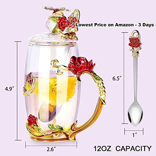 Vivimee 2 Pack Tea Cups with Lids, 12 oz Clear Glass Cups with Spoon Set, Flower Tea Cup Set, Mother's Day Gifts, Glass Tea Cups for Women, Tea Mug for Coffee, Tea, Juice, Milk Hot and Cold Drinks