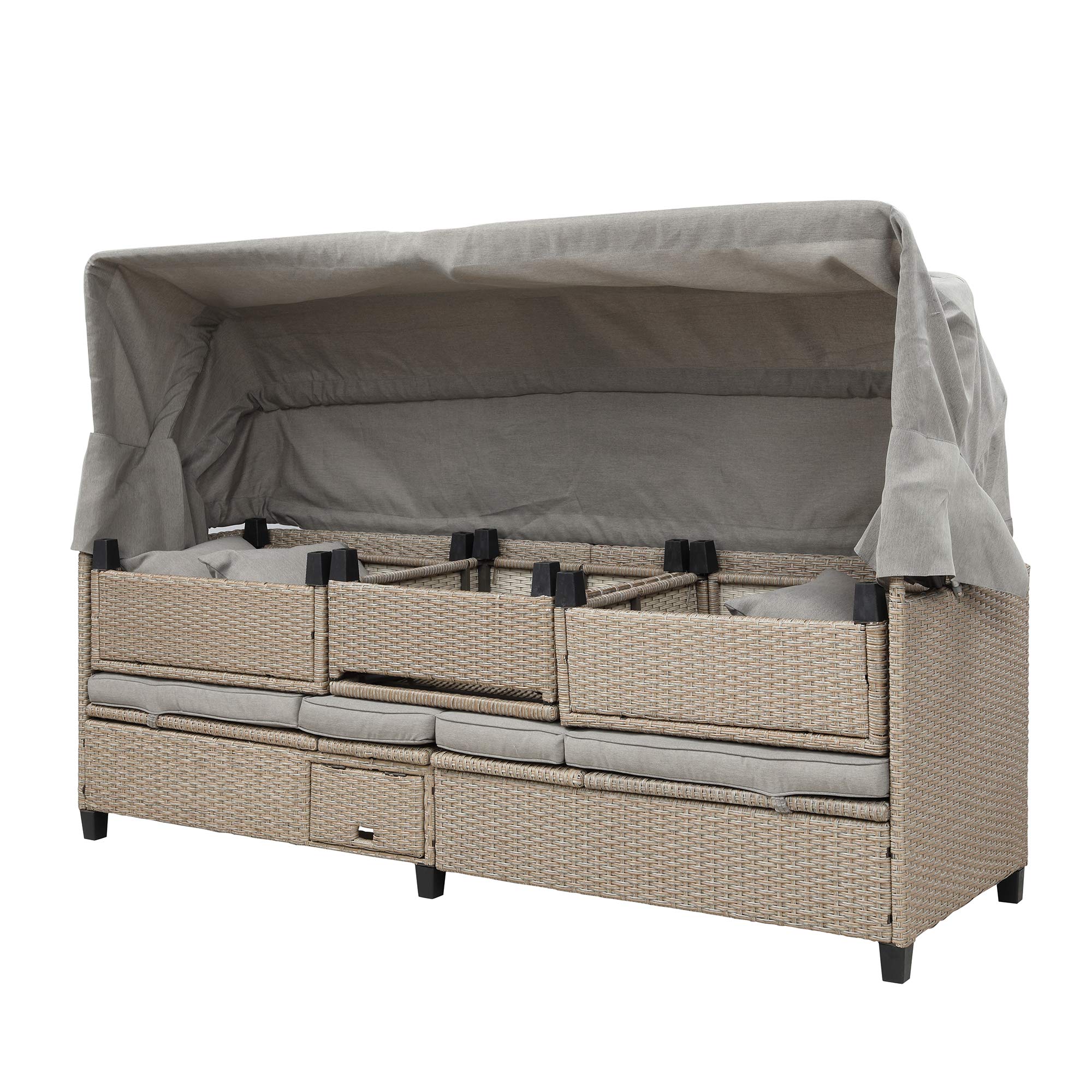 VilroCaz UV-Resistant Resin Wicker Patio Sectional Sofa Set with Retractable Canopy, All-Weather Outdoor PE Wicker Sunbed Daybed with Cushions and Lifting Table for Lawn Garden Backyard Poolside