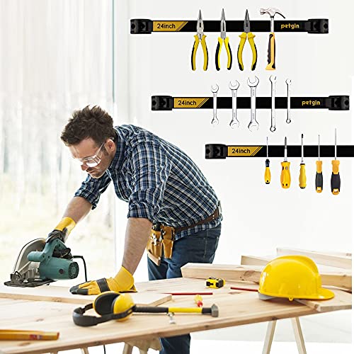 Petgin Magnetic Tool Holder 24 Inch 3 Pack Heavy Duty Magnet Tool Bar Strip Rack Wall Mount for Tool Box Organizers and Storage (With Buckle,Splicing Installation