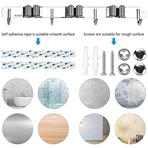 ONMIER Broom Holder Wall Mount Stainless Steel Mop and Broom Holder Wall Mounted Broom Tools Storage Organizer with 3 Racks 4 Hooks for Home Kitchen Garden Laundry Room (2 PACK)