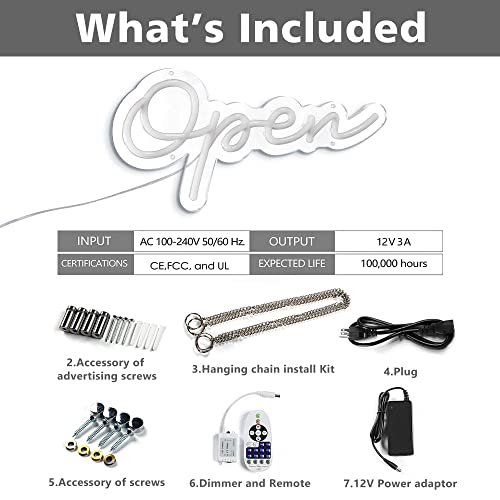 Open Signs for Business, 15"x 7.3" LED Neon Open Sign with Remote ON/OFF Switch Adjustable Brightness Open Neon Signs for Restaurant Bar Salon Stores Hotel Wall Decor Light Open Sign (White)