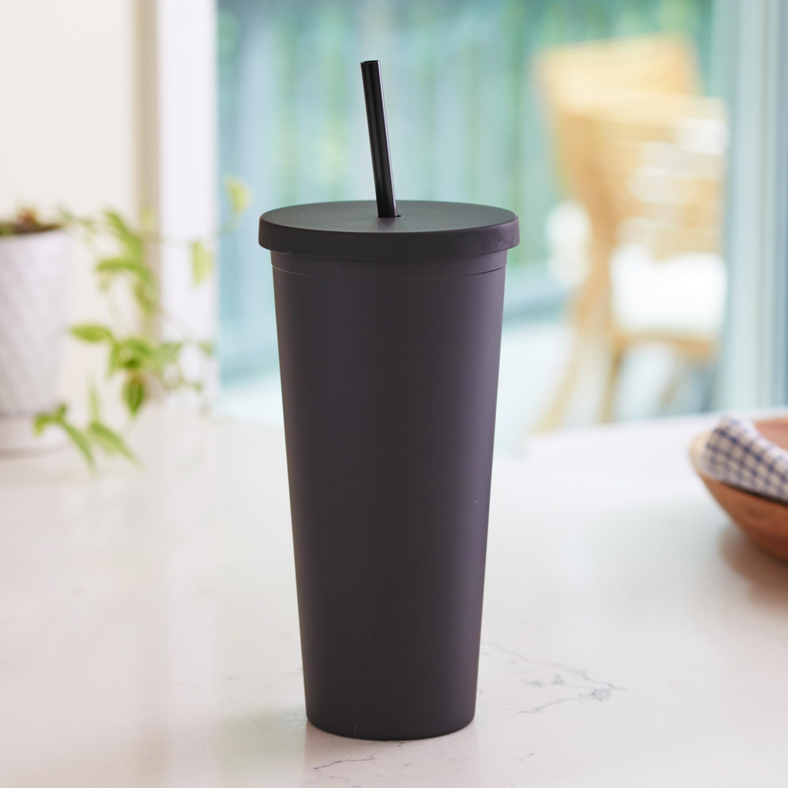 Zephyr Canyon 24oz Matte Black Tumblers with Lids and Straws - Pastel Double Wall Tumbler - Insulated Acrylic Cups for Hot & Cold Drinks, Spill-Proof Reusable Iced Coffee Cup, Set of 6