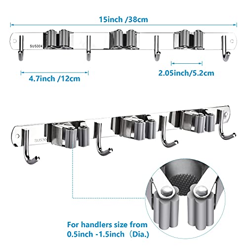 ONMIER Broom Holder Wall Mount Stainless Steel Mop and Broom Holder Wall Mounted Broom Tools Storage Organizer with 3 Racks 4 Hooks for Home Kitchen Garden Laundry Room (2 PACK)