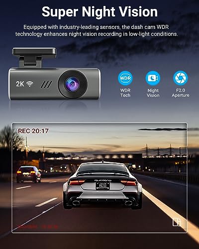 Dash Cam 2K WiFi Car Camera 1440P Dash Camera for Cars,Front Dashcam for Cars with Super Night Vision, WDR, Loop Recording, G-Sensor, 170°Wide Angle, Parking Monitor, WiFi &APP, Support 128GB Max