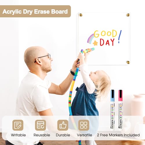 AMUSIGHT Clear Acrylic Dry Erase Board,12" X 12" Golden Non-Magnetic Acrylic White Board for Wall,Clear Erasable Acrylic Board for Office, School or Home,2 Markers