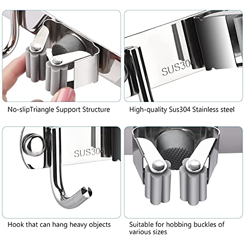 ONMIER Broom Holder Wall Mount Stainless Steel Mop and Broom Holder Wall Mounted Broom Tools Storage Organizer with 3 Racks 4 Hooks for Home Kitchen Garden Laundry Room (2 PACK)