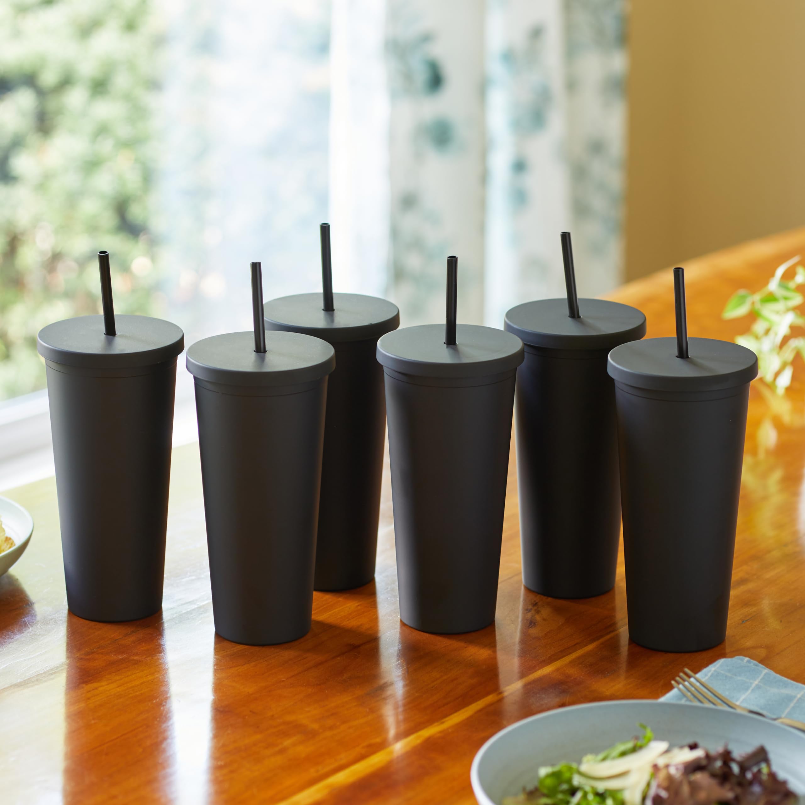 Zephyr Canyon 24oz Matte Black Tumblers with Lids and Straws - Pastel Double Wall Tumbler - Insulated Acrylic Cups for Hot & Cold Drinks, Spill-Proof Reusable Iced Coffee Cup, Set of 6