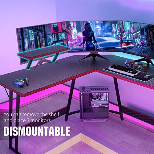 Devoko L Shaped Gaming Desk 51 Inch Computer Corner Table Home Office Desk Gamer Table with Large Monitor Riser Stand Carbon Fibre Surface (Black)