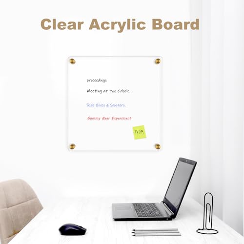 AMUSIGHT Clear Acrylic Dry Erase Board,12" X 12" Golden Non-Magnetic Acrylic White Board for Wall,Clear Erasable Acrylic Board for Office, School or Home,2 Markers