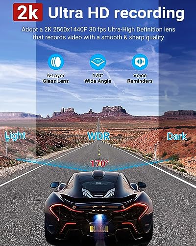 Dash Cam 2K WiFi Car Camera 1440P Dash Camera for Cars,Front Dashcam for Cars with Super Night Vision, WDR, Loop Recording, G-Sensor, 170°Wide Angle, Parking Monitor, WiFi &APP, Support 128GB Max