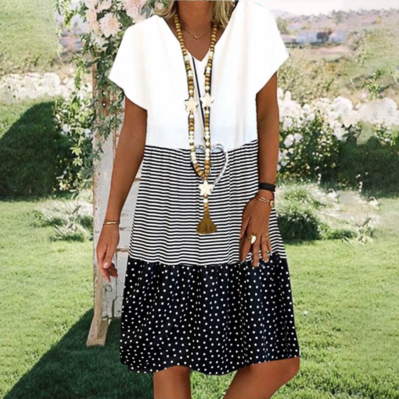 LFEOOST Dresses for Women 2023 Wedding Guest Summer V Neck Short Sleeve Belted Ruffle Hem A-Line Polka Dot Boho Maxi Dress