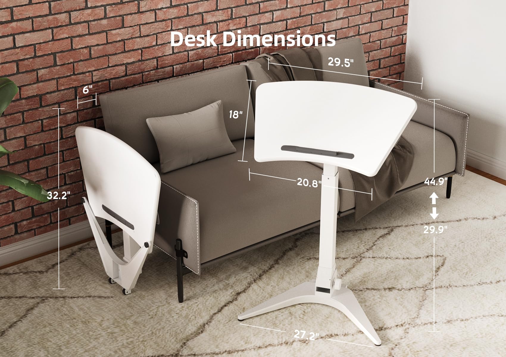 Claiks Mobile Standing Desk, Portable Rolling Standing Desk with Wheels, Pneumatic Height Adjustable Sit-Stand Desk Workstation with 90° Tiltable, Foldable Desk with Non-Slip Computer Stand, White