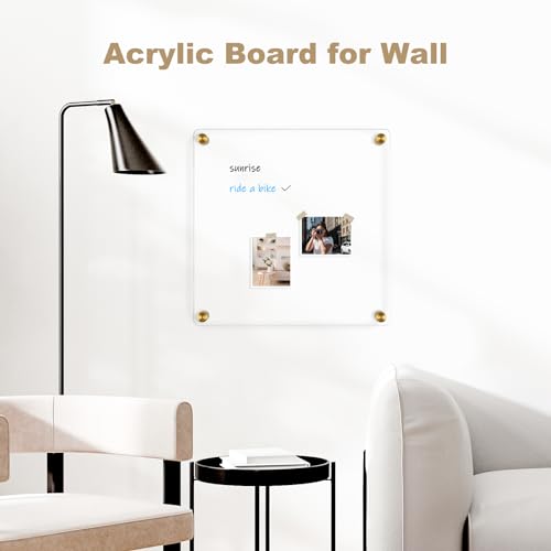 AMUSIGHT Clear Acrylic Dry Erase Board,12" X 12" Golden Non-Magnetic Acrylic White Board for Wall,Clear Erasable Acrylic Board for Office, School or Home,2 Markers