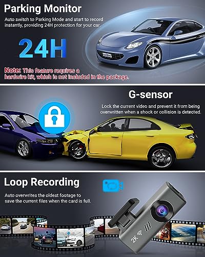 Dash Cam 2K WiFi Car Camera 1440P Dash Camera for Cars,Front Dashcam for Cars with Super Night Vision, WDR, Loop Recording, G-Sensor, 170°Wide Angle, Parking Monitor, WiFi &APP, Support 128GB Max