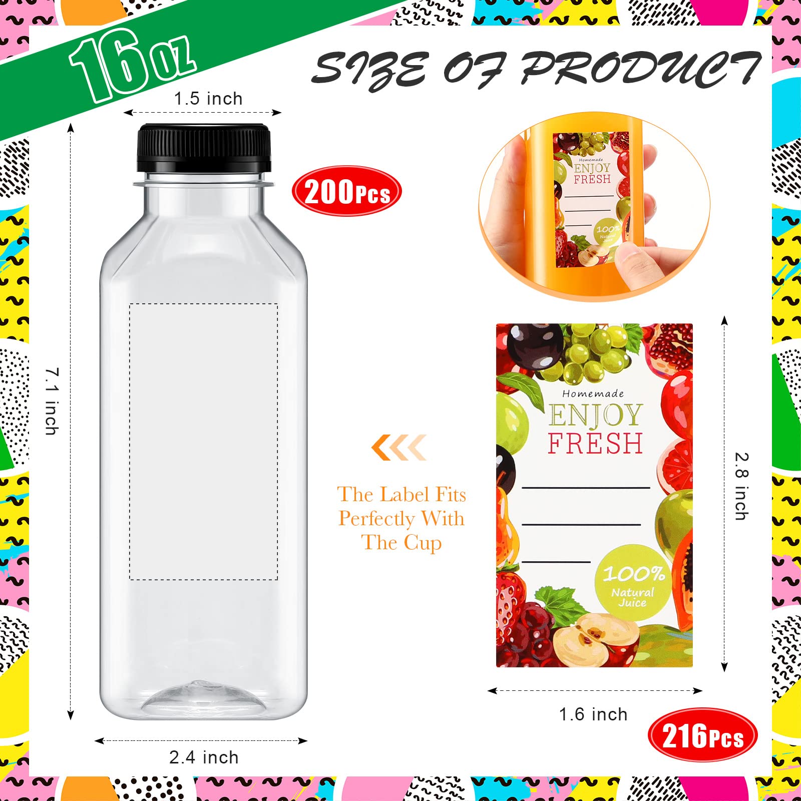 Skylety 200 Pcs Plastic Juice Bottles with Lids, Empty Clear Juice Bottles with Caps and Label, Juice Storage for Fridge with 2 Pcs Funnel and 2 Pcs Brush Beverage Containers for Juicing Milk (16 oz)
