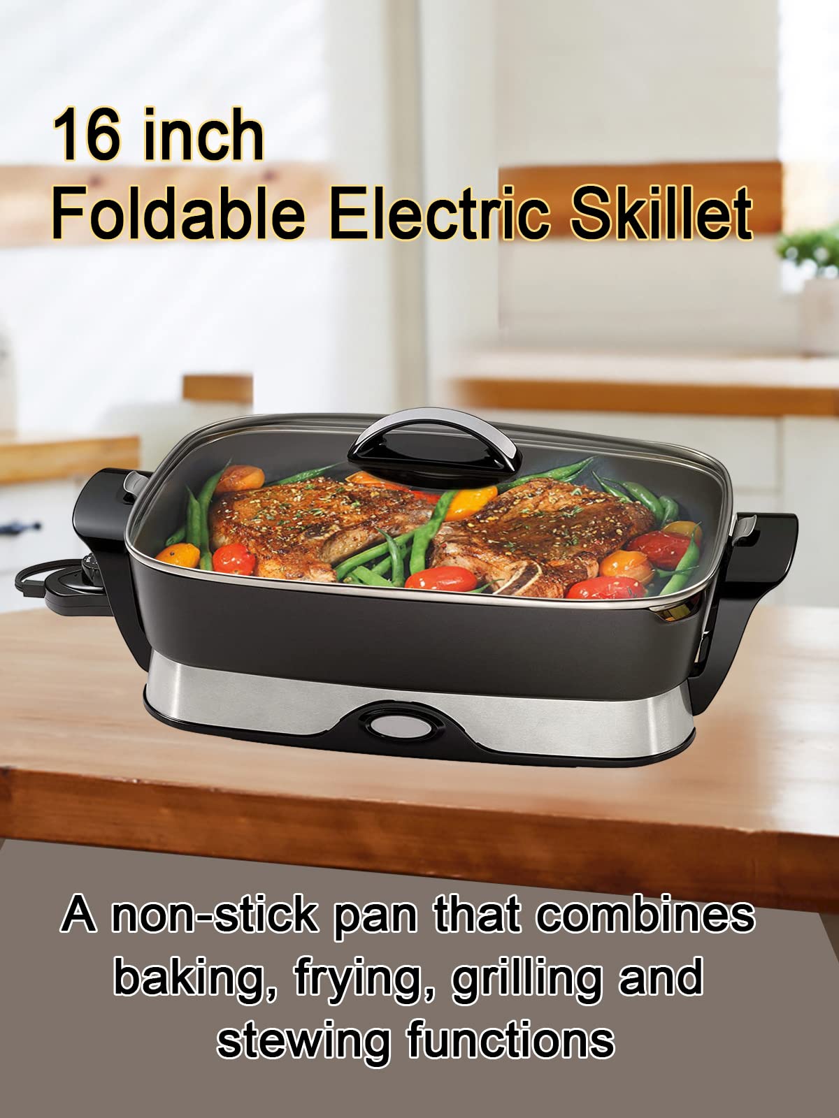 Electric Skillet Nonstick Foldaway - 16 inch, with Adjustable temperature, Easy to clean, Black, Nozaya