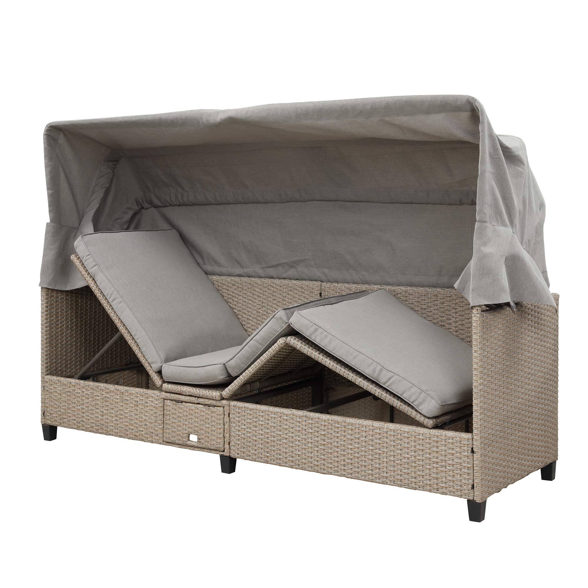 VilroCaz UV-Resistant Resin Wicker Patio Sectional Sofa Set with Retractable Canopy, All-Weather Outdoor PE Wicker Sunbed Daybed with Cushions and Lifting Table for Lawn Garden Backyard Poolside