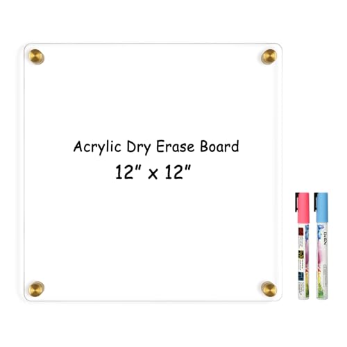 AMUSIGHT Clear Acrylic Dry Erase Board,12" X 12" Golden Non-Magnetic Acrylic White Board for Wall,Clear Erasable Acrylic Board for Office, School or Home,2 Markers