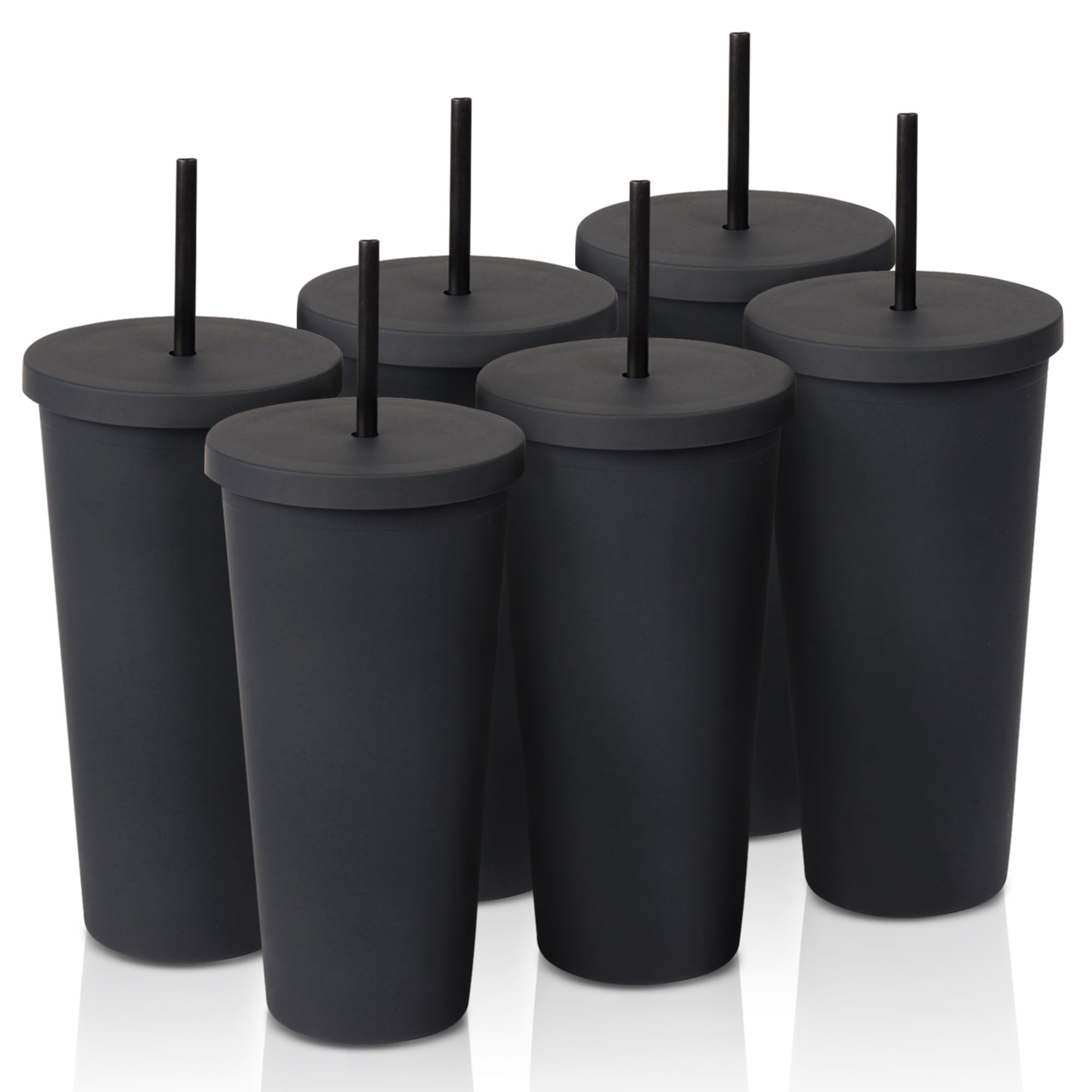 Zephyr Canyon 24oz Matte Black Tumblers with Lids and Straws - Pastel Double Wall Tumbler - Insulated Acrylic Cups for Hot & Cold Drinks, Spill-Proof Reusable Iced Coffee Cup, Set of 6