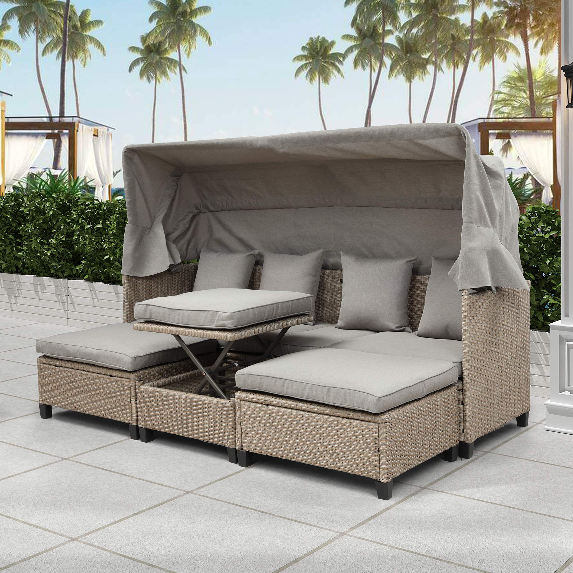 VilroCaz UV-Resistant Resin Wicker Patio Sectional Sofa Set with Retractable Canopy, All-Weather Outdoor PE Wicker Sunbed Daybed with Cushions and Lifting Table for Lawn Garden Backyard Poolside