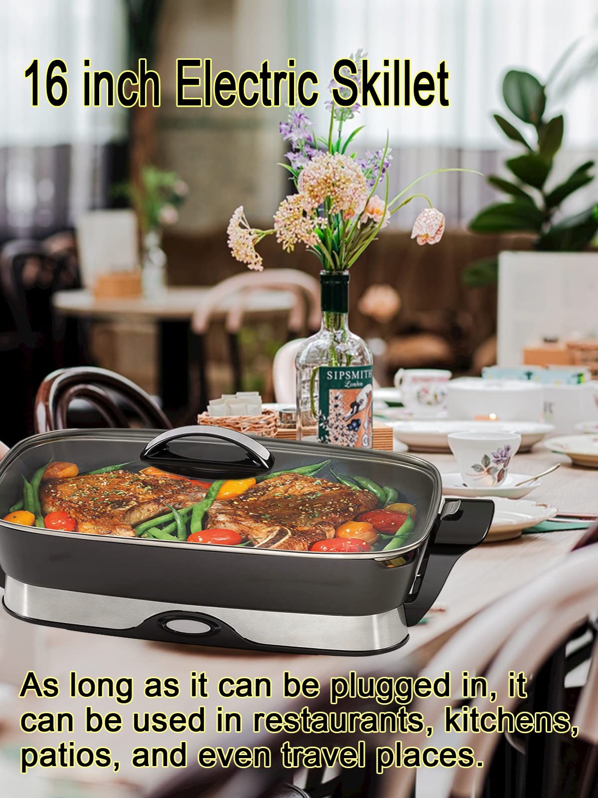 Electric Skillet Nonstick Foldaway - 16 inch, with Adjustable temperature, Easy to clean, Black, Nozaya