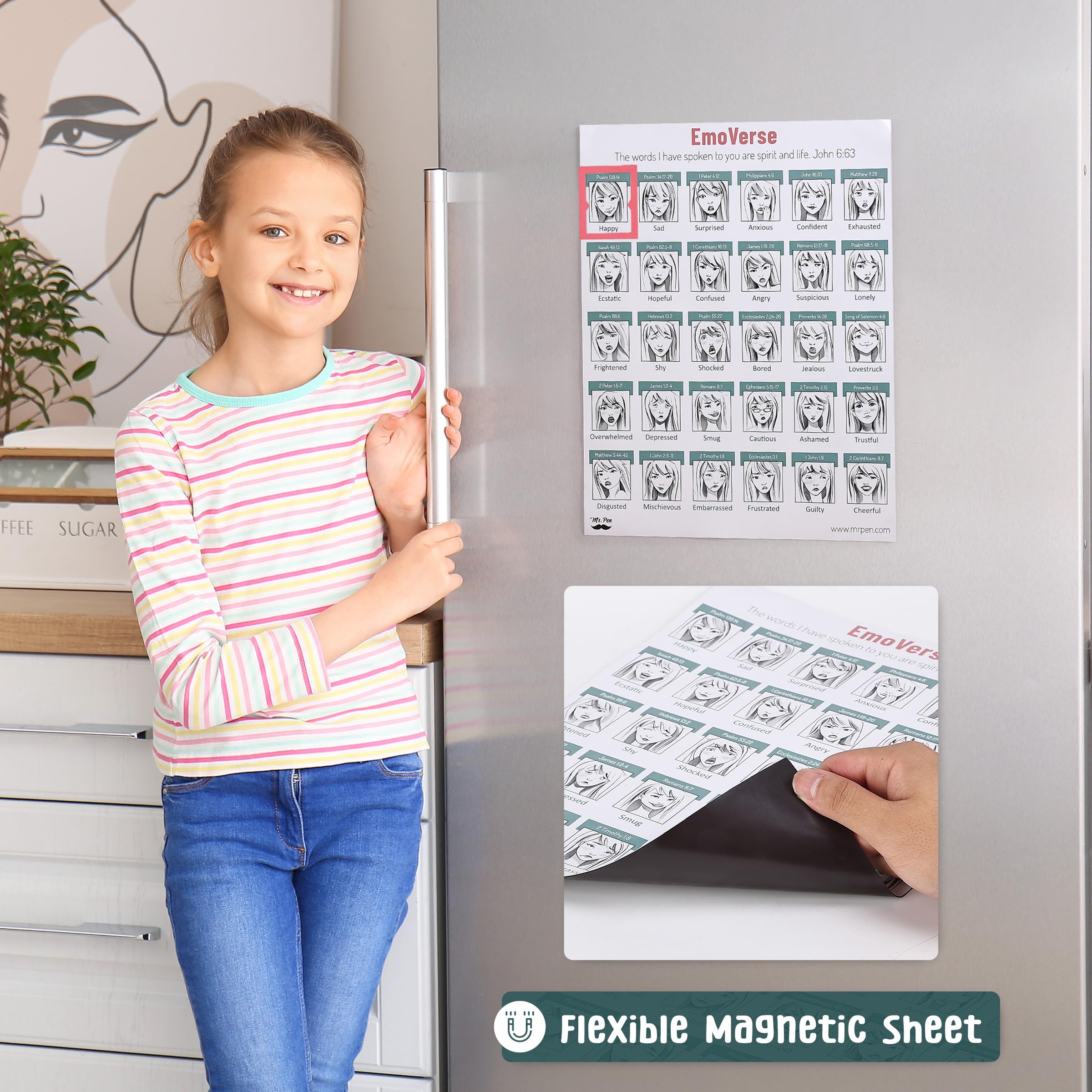 EmoVerse Magnet Feeling Chart with Bible Verse Guide, 14.5"x11.4", Emotions Chart for Kids and Adults, 30 Different Feelings