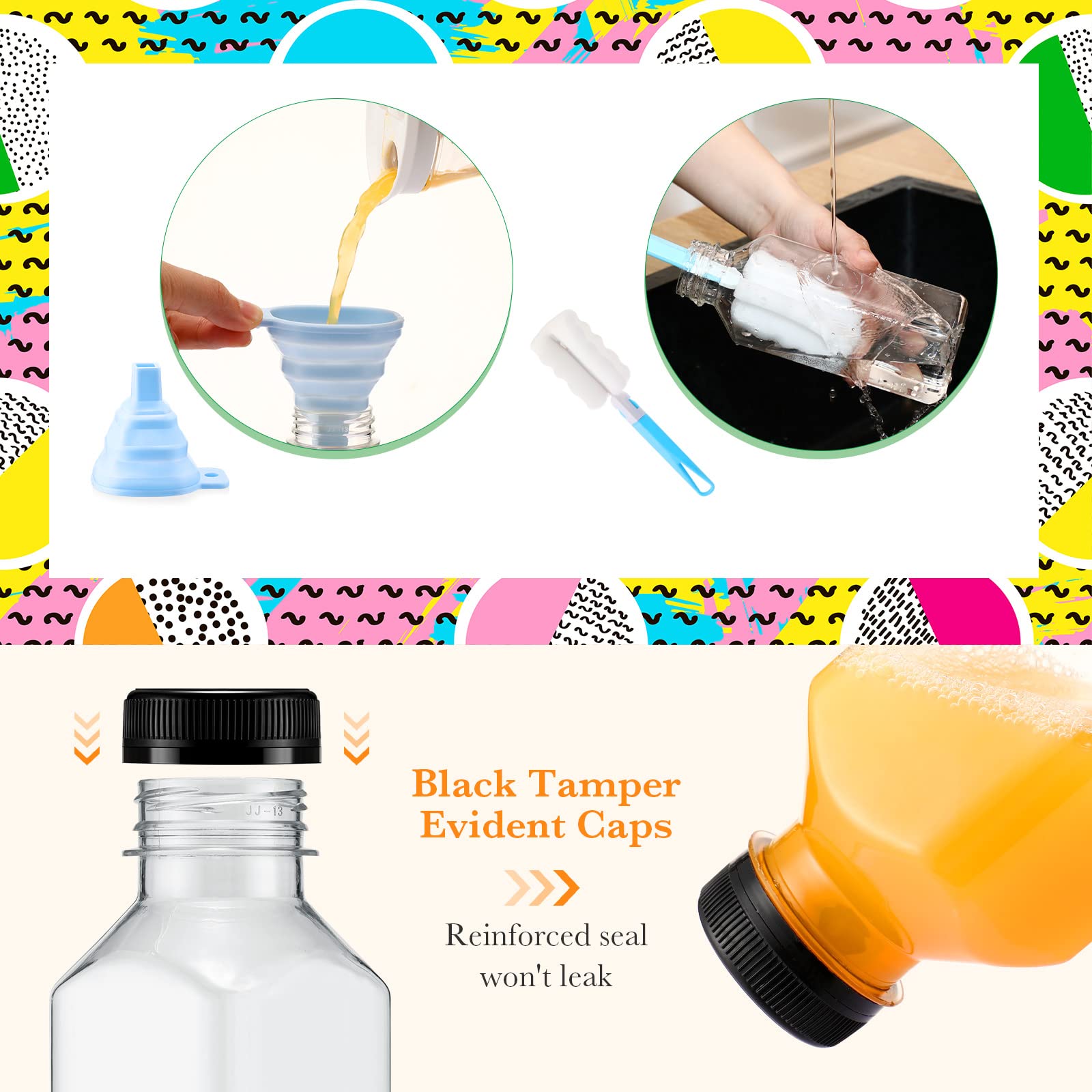 Skylety 200 Pcs Plastic Juice Bottles with Lids, Empty Clear Juice Bottles with Caps and Label, Juice Storage for Fridge with 2 Pcs Funnel and 2 Pcs Brush Beverage Containers for Juicing Milk (16 oz)