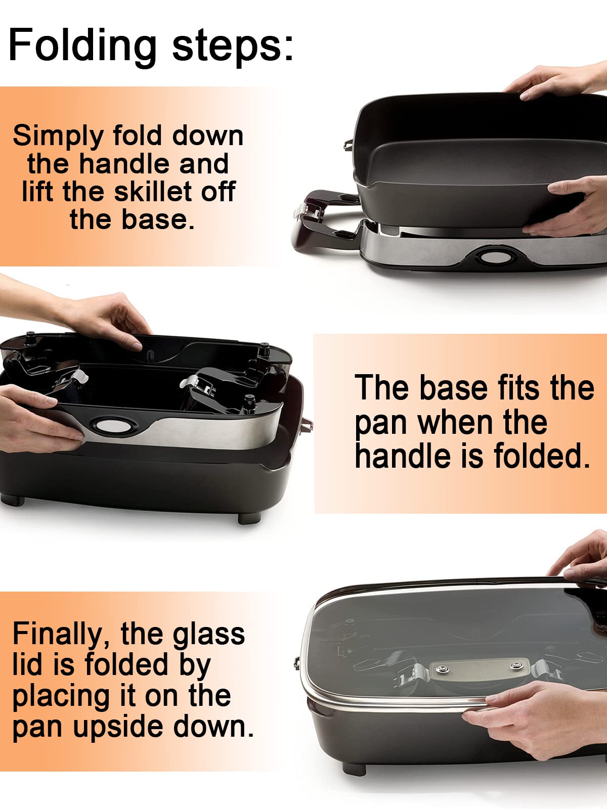 Electric Skillet Nonstick Foldaway - 16 inch, with Adjustable temperature, Easy to clean, Black, Nozaya