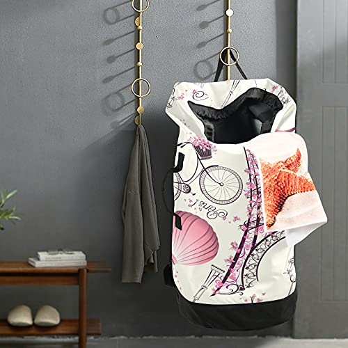 Romantic Travel In Paris Laundry Backpack Bag with Drawstring Closure Waterproof Laundry Bag Laundry Hamper Clothes Storage for College Travel Laundromat Apartment