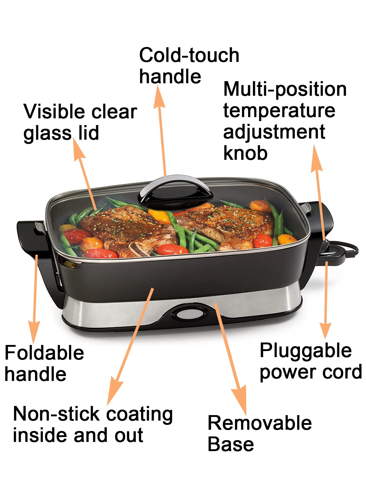 Electric Skillet Nonstick Foldaway - 16 inch, with Adjustable temperature, Easy to clean, Black, Nozaya