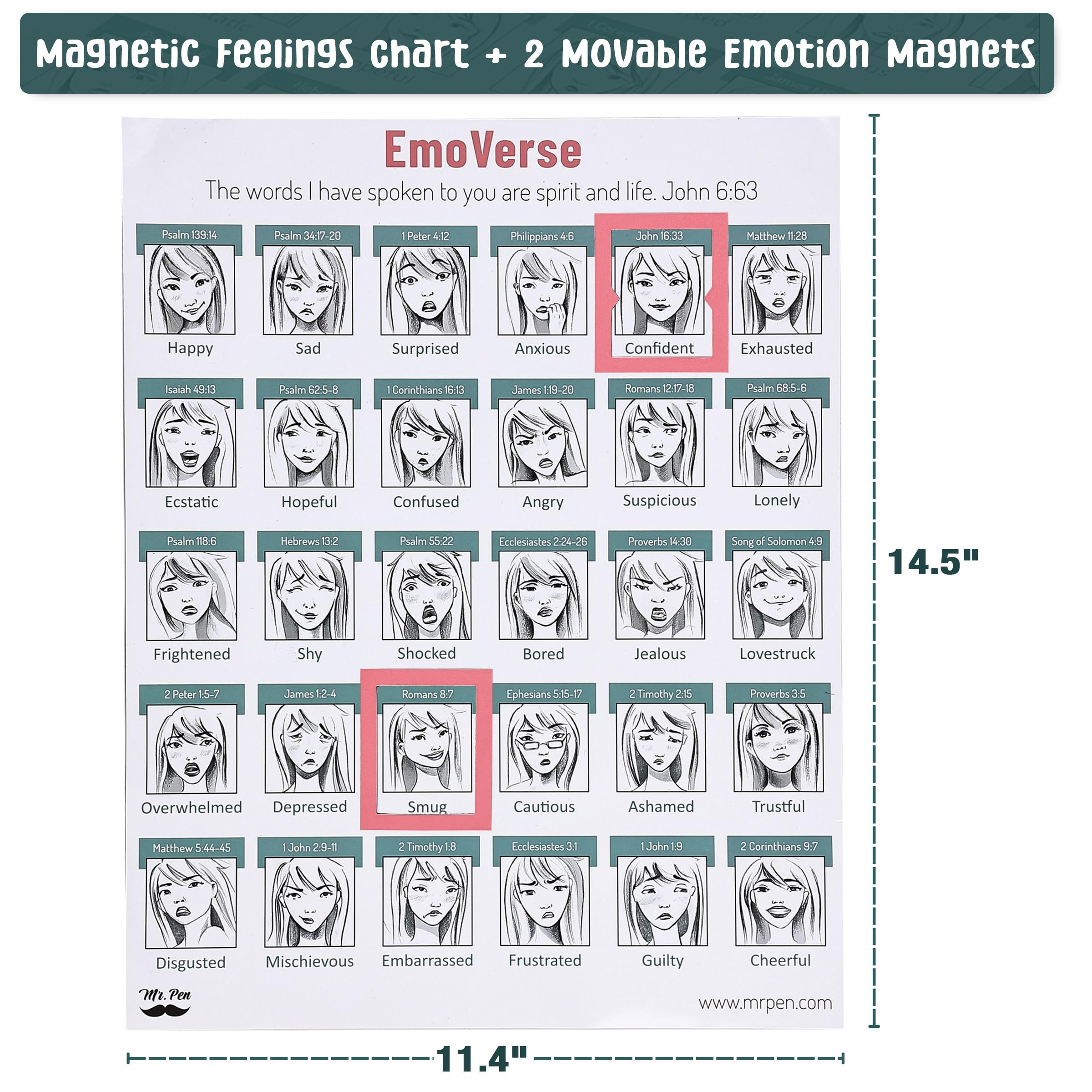 EmoVerse Magnet Feeling Chart with Bible Verse Guide, 14.5"x11.4", Emotions Chart for Kids and Adults, 30 Different Feelings
