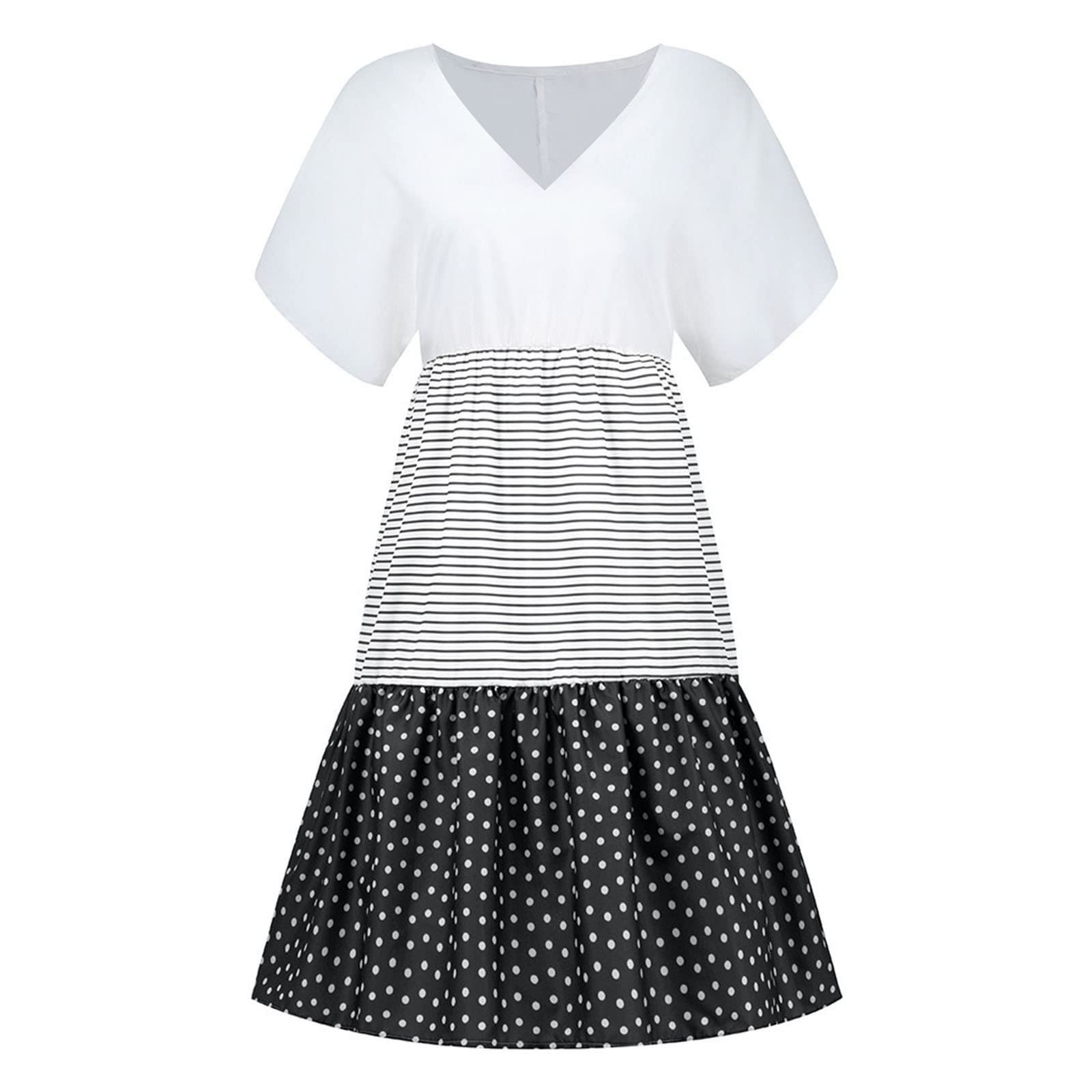 LFEOOST Dresses for Women 2023 Wedding Guest Summer V Neck Short Sleeve Belted Ruffle Hem A-Line Polka Dot Boho Maxi Dress