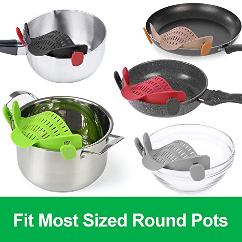 Upgraded Clip on Pot Strainer Silicone Colander Hands-free Drainer Kitchen Gadgets, Heat Resistant for Pasta Spaghetti Meat Grease Fits Pots Pans Bowls, Green