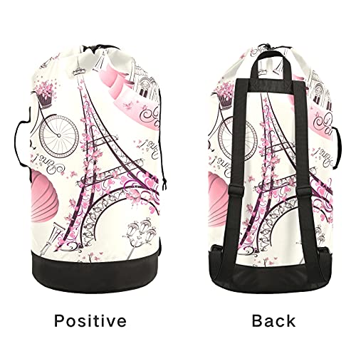 Romantic Travel In Paris Laundry Backpack Bag with Drawstring Closure Waterproof Laundry Bag Laundry Hamper Clothes Storage for College Travel Laundromat Apartment