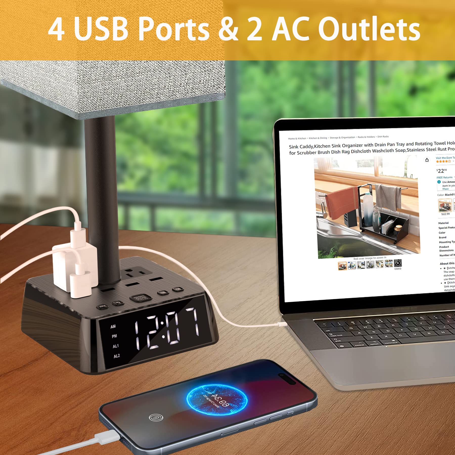 Table Lamp for Bedroom Nightstand - Bedside Lamp with Usb Charging Ports and Outlets,Touch Lamp with Clock, Modern Night Stand Lamps with Square Fabric Lampshade for Living Room(LED Bulb Included)