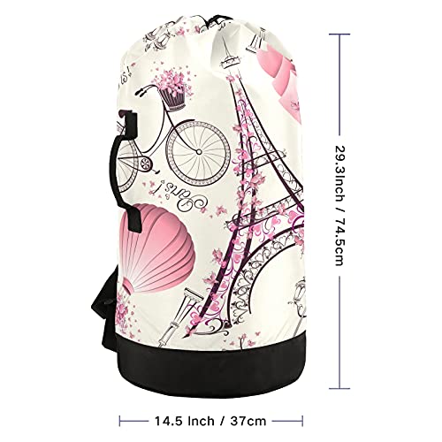 Romantic Travel In Paris Laundry Backpack Bag with Drawstring Closure Waterproof Laundry Bag Laundry Hamper Clothes Storage for College Travel Laundromat Apartment