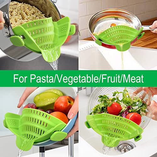 Upgraded Clip on Pot Strainer Silicone Colander Hands-free Drainer Kitchen Gadgets, Heat Resistant for Pasta Spaghetti Meat Grease Fits Pots Pans Bowls, Green