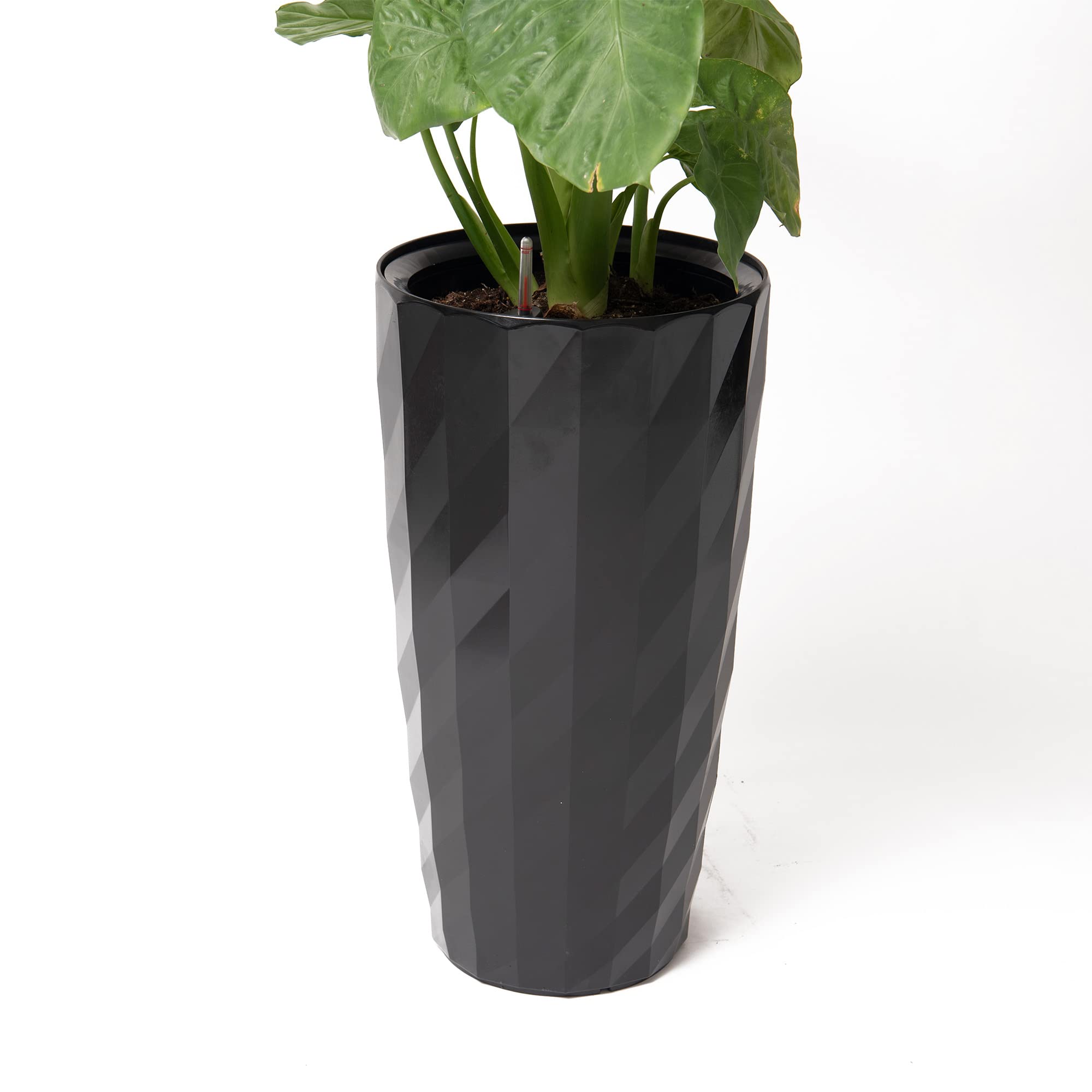 XBrand Tall Self Watering Indoor Outdoor for Patio Planter Pot, Decorative Gardening & Home Décor Accent, Round with Diamond Glazed Finish, 30" H, Black