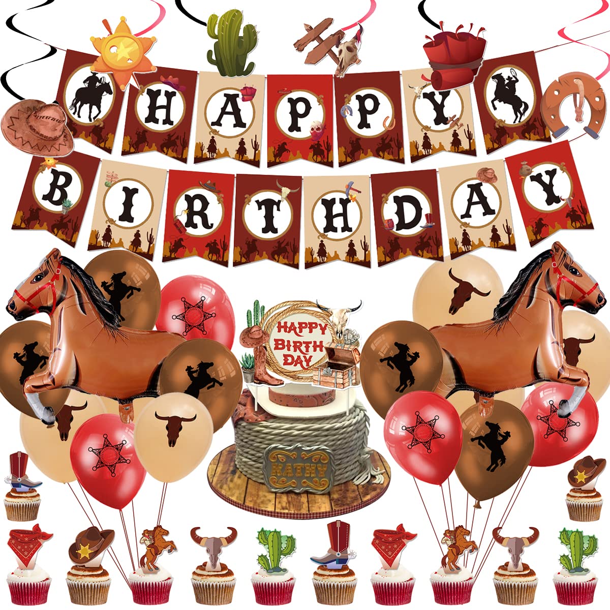 Cowboy Party Decorations Set - Western Birthday Party Decorations Country Rodeo Party Favor Horse Balloons Birthday Banner Cupcake Toppers Hanging Swirls