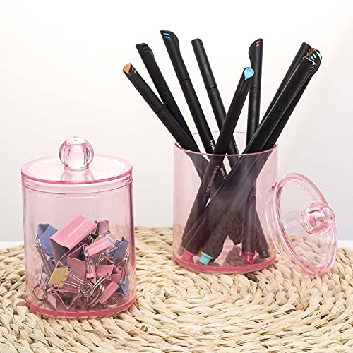 Tbestmax 4 pcs Qtips Holder Bathroom Container, 10 OZ Apothecary Jar, Pink Cotton Ball/Swabs Dispenser Organizer for Storage