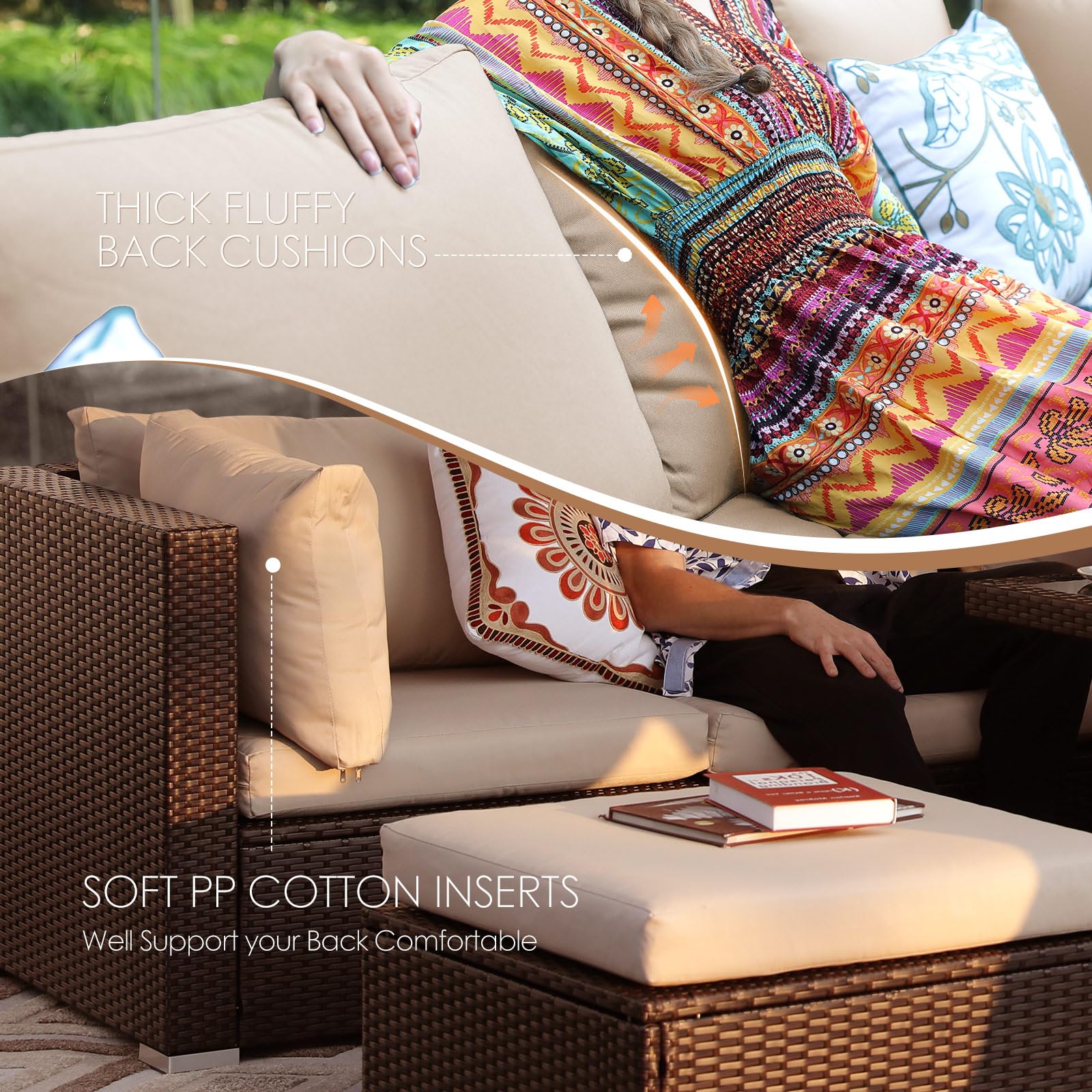 NICESOUL 8 Seat 29.3'' High Back Outdoor Furniture Set, Extra Large Brown PE Rattan Patio Conversation Sets, Deep Seating Modular Sectional with Ottoman, Oversized Conversations for Backyard, Beige