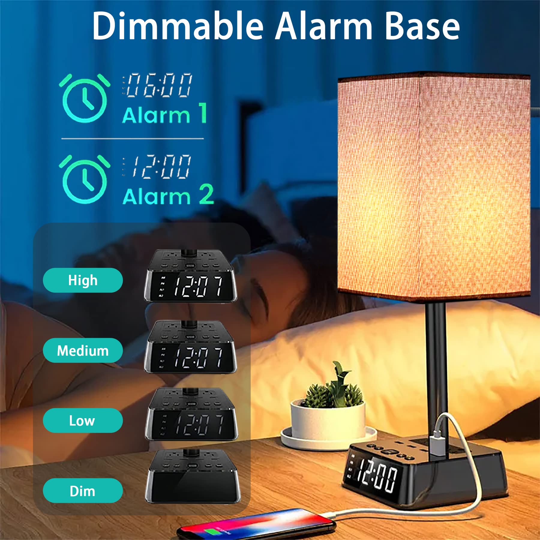 Table Lamp for Bedroom Nightstand - Bedside Lamp with Usb Charging Ports and Outlets,Touch Lamp with Clock, Modern Night Stand Lamps with Square Fabric Lampshade for Living Room(LED Bulb Included)