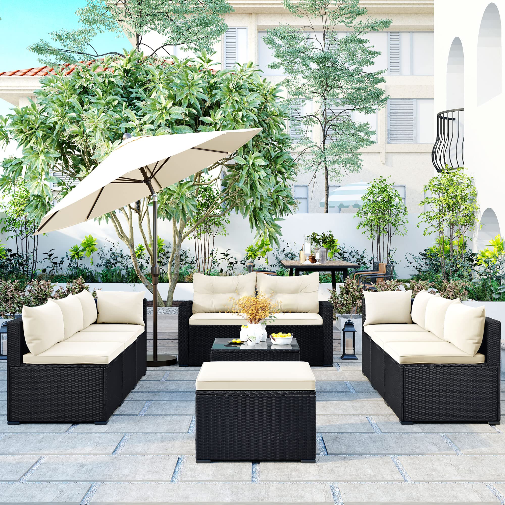 Modern Design 9 Piece Outdoor Large Wicker Sofa Set, Conversation Sectional Couch with Ottoman and Coffee Table, PE Wicker Rattan Furniture Set for Patio Balcony Backyard (Beige + Wicker-9-piece-1)