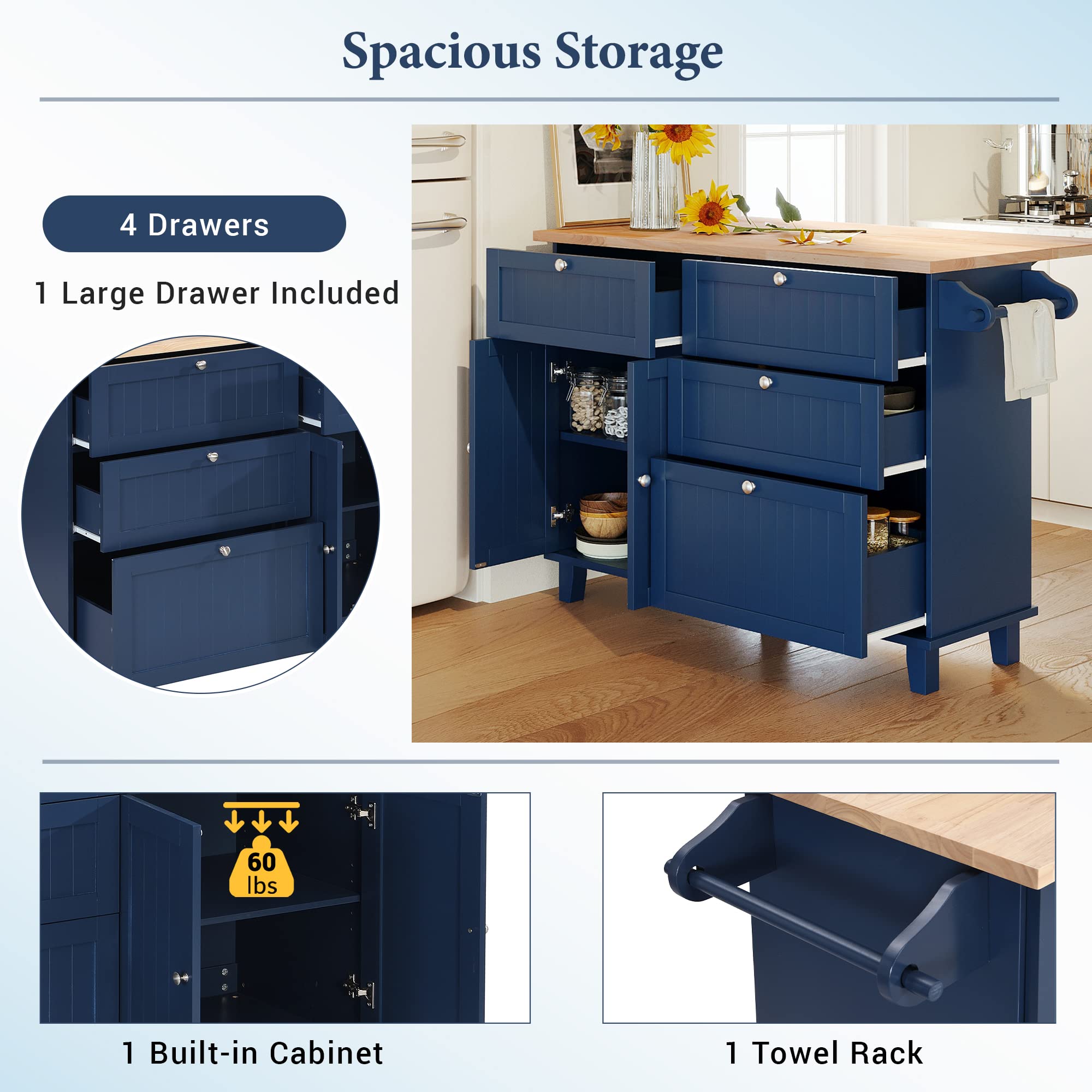 Merax Kitchen Island Set with 2 Stools, Solid Wood Dining Table with Drop Leaf Design, Storage Cabinet, Drawers and Towel Rack, Blue