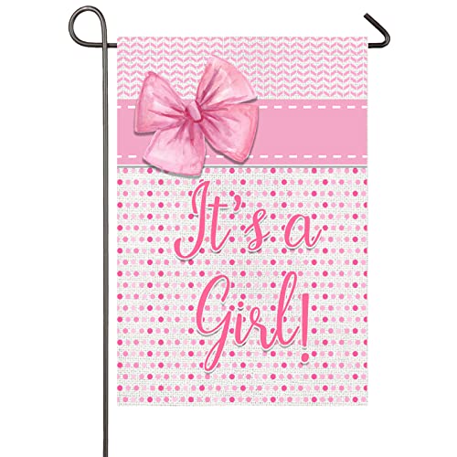 It's A Girl Garden Flag Pink Baby Shower Birth Announcement Decorations for Girl 12x18 Inch Double Sided New Baby Garden Flag Gender Reveal Party Decor Vertical Burlap Banner Outdoor Lawn Yard Sign