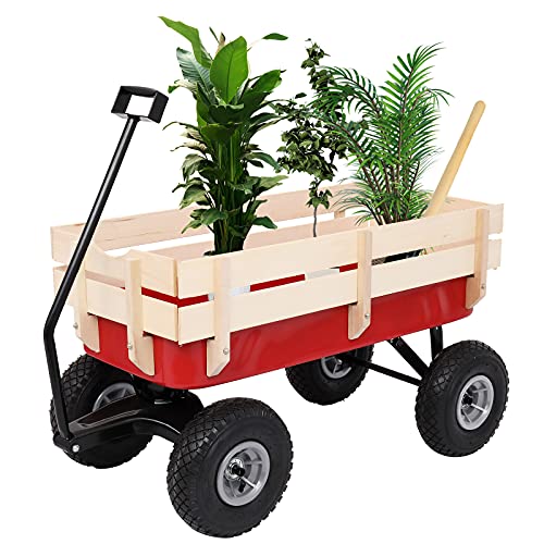 Red and White Garden Wagon Cart,Gorilla Cart,Wheelbarrow,Beach Wagon with Big Wheels for Sand,Utility Garden Iron Wood Four Wheel Garden Wagon for Outdoor Camping,Nurseries,Greenhouse