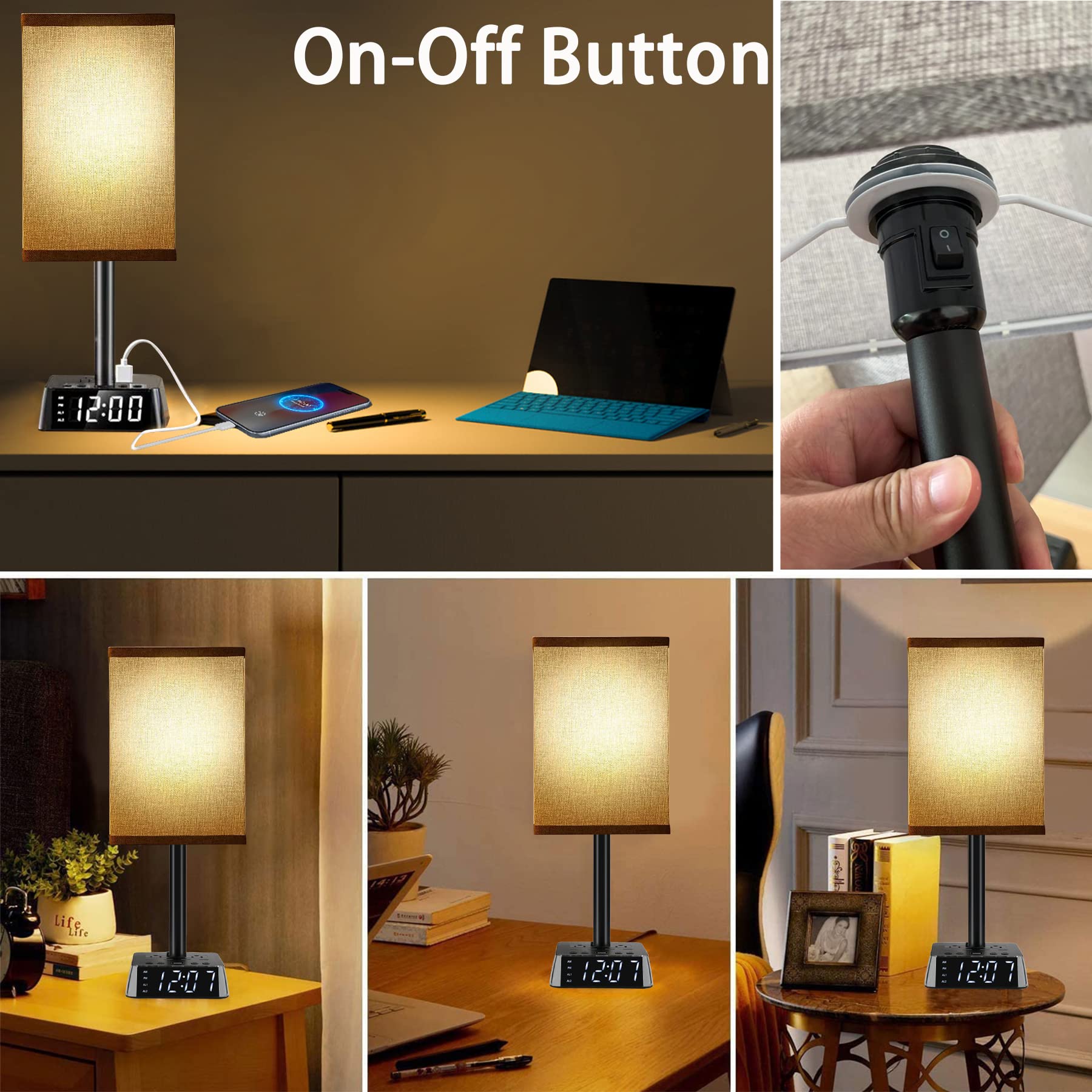 Table Lamp for Bedroom Nightstand - Bedside Lamp with Usb Charging Ports and Outlets,Touch Lamp with Clock, Modern Night Stand Lamps with Square Fabric Lampshade for Living Room(LED Bulb Included)